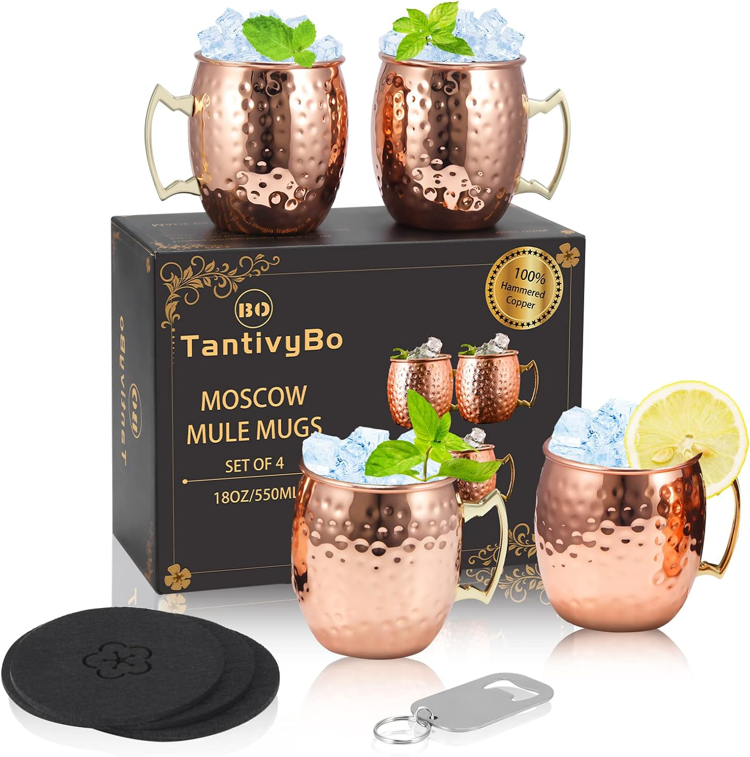 Moscow Mule Mugs, 18 Oz Moscow Mule Cups Set of 4, 100% Solid Hammered ...