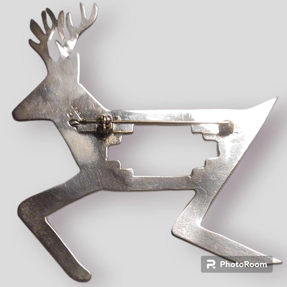Native American / Navajo stylized Reindeer / Deer pin, signed Joe ...