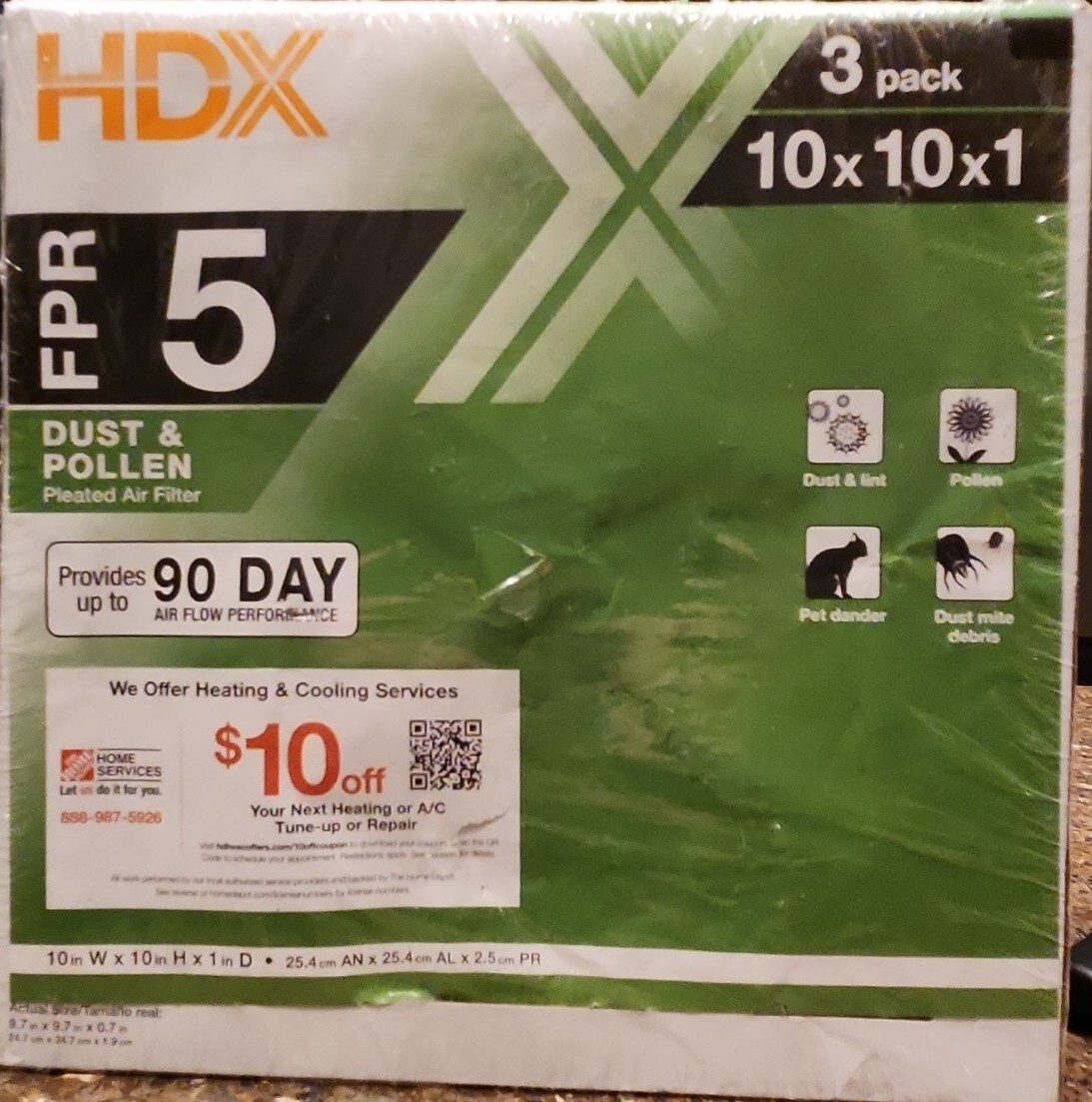 HDX Standard 10 X 10 X 1 Pleated Air Filter FPR 5 (3-Pack) Dust ...