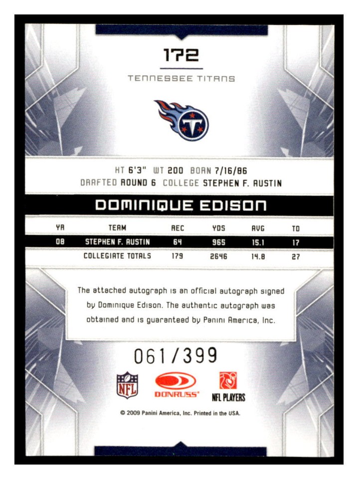 Dominique Edison 2009 Donruss Limited AUTOGRAPH /399 | eBay