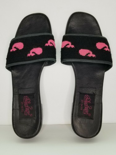 By Paige Needlepoint Peep Toe Slide Shoes Black Wool w/Pink Whales Sz L ...