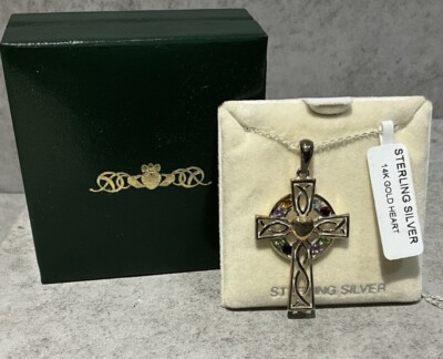 Sterling Silver & Gemstone Celtic Cross w 14k Gold Heart on 16” .925 ...