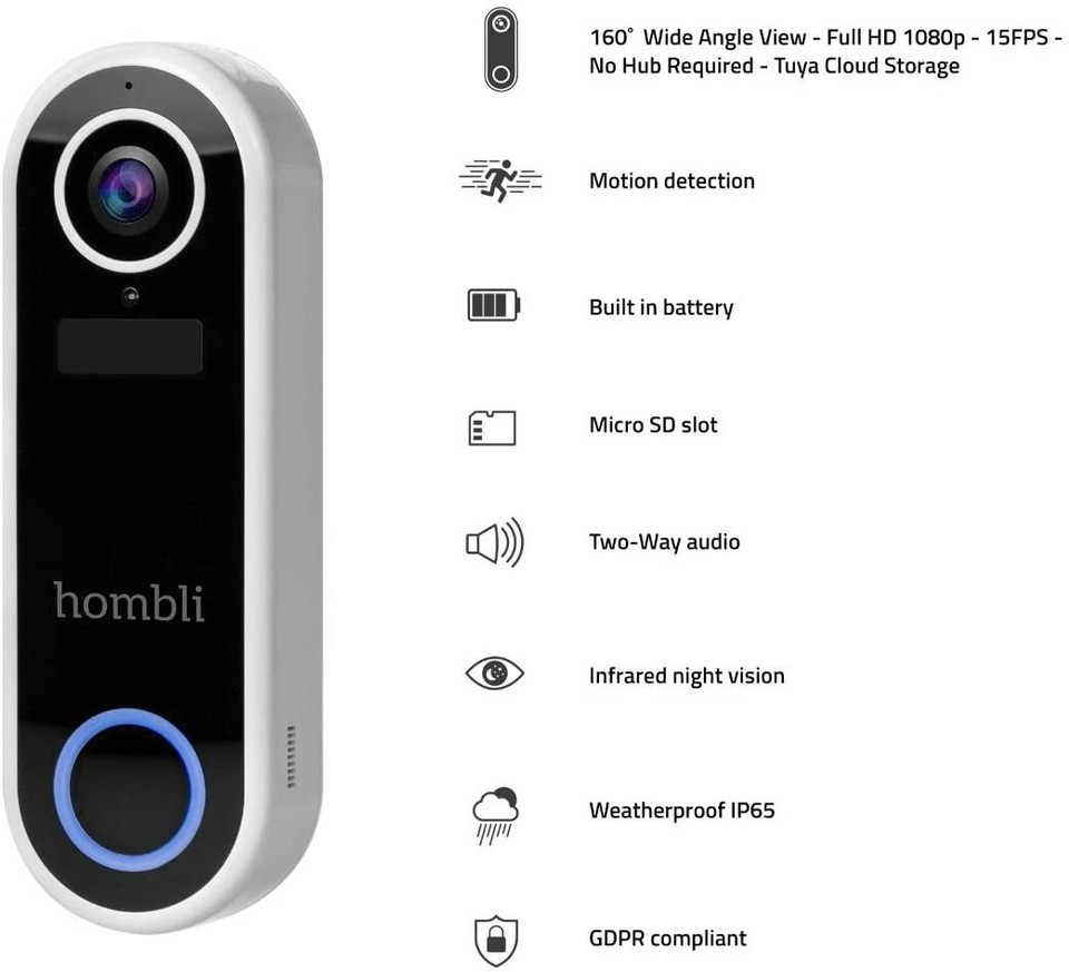 Hombli Full HD 1080p Smart Doorbell, IP66 Waterproof , SD, Alexa ...