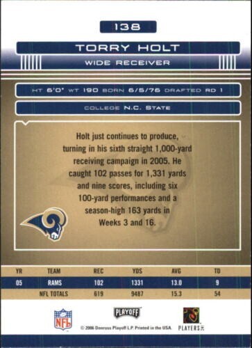 2006 Absolute Memorabilia Football Card #138 Torry Holt St Louis Rams ...