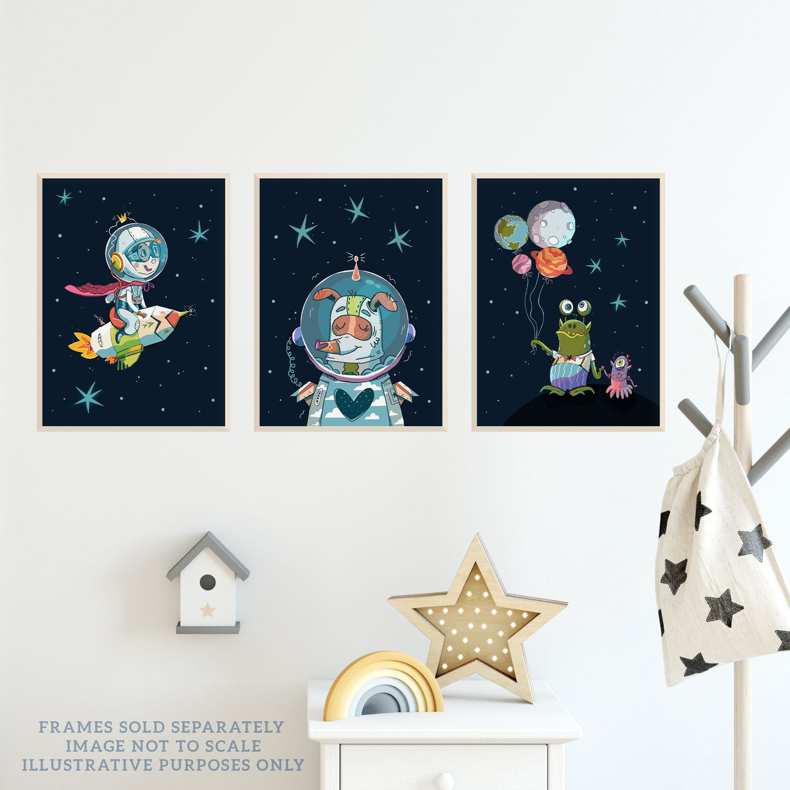 Pack of 3 Astronaut Dog Aliens Fun Space Kids Bedroom Unframed Art ...