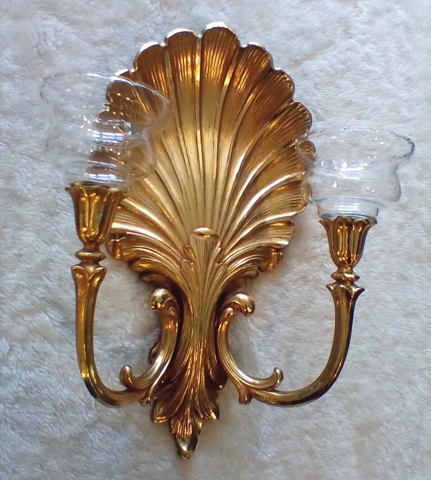 VINTAGE SCONCE GOLD CLAM SHELL GLASS VOTIVE HOLLYWOOD REGENCY WALL ...
