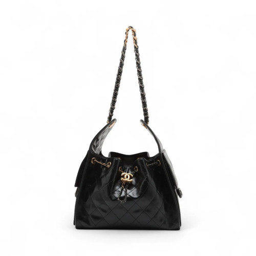 Chanel Chanel 25 Small shiny calfskin Chain Shoulder Bag Black Gold x ...