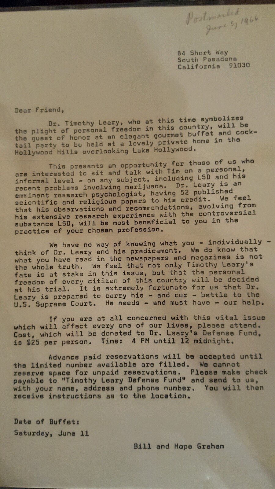 TIMOTHY LEARY Defense Fund Mailing Letter. Acid. LSD. Fund raiser. 1966 ...