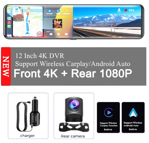 12" 4K Wifi Dual Lens Car Dash Cam DVR GPS and 1080P Rearview Camera ...