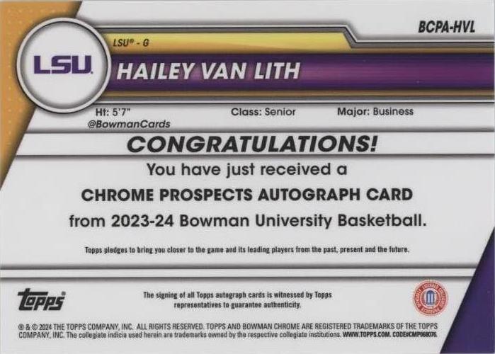 2023-24 Bowman University Chrome - Hailey Van Lith #BCPA-HVL for sale ...
