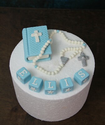 1st Holy Communion Christening edible handmade Bible rosary blocks cake ...