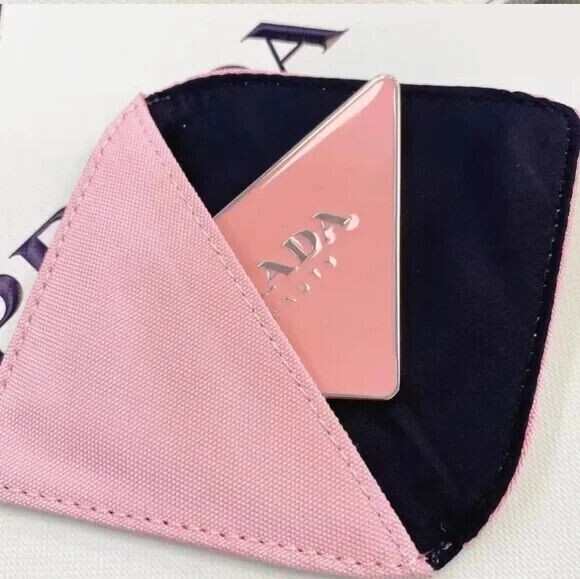 PRADA Beauty Logo Triangle Hand Held Purse Mirror & Fitted Pink Case ...