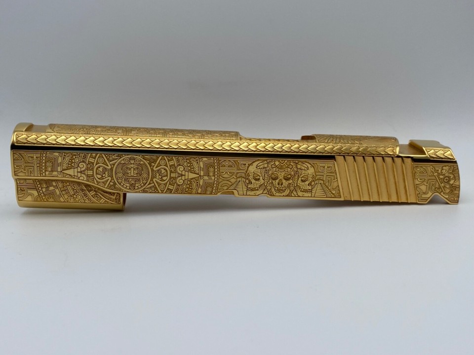 Deep laser engraved 1911 government slide 24k gold plated Aztec ...