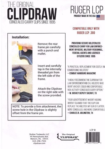 Clipdraw Belt Clip for Ruger LCP 1 One 380 IWB OWB Black - Right Mount ...