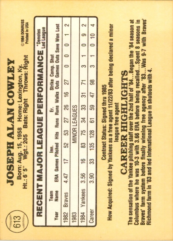 1985 Donruss Joe Cowley 100 Baseball Cards #613 | eBay