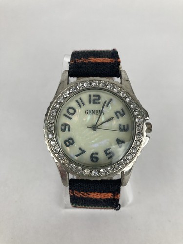 Geneva 40mm Silver Tone Crystal Bezel Quartz Watch w/Woven Fabric Band ...