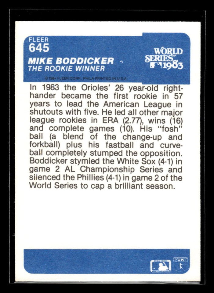 1984 Fleer #645 Mike Boddicker Set Break Mint+ The Rookie Winner ...