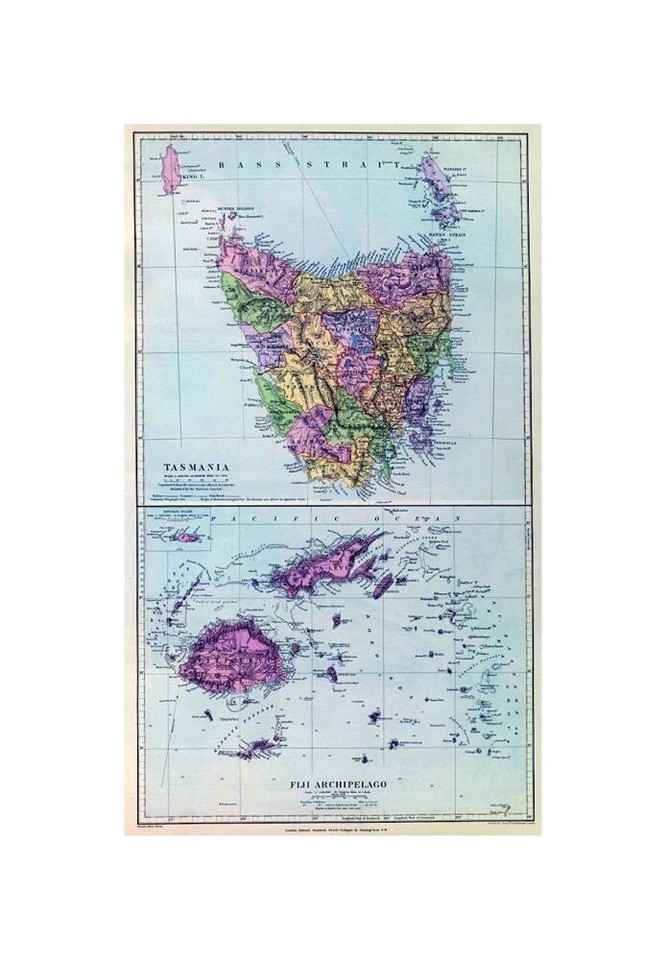 1901 Map|World Atlas Tasmania, Fiji|Vintage Fine Art Reproduction|Size ...