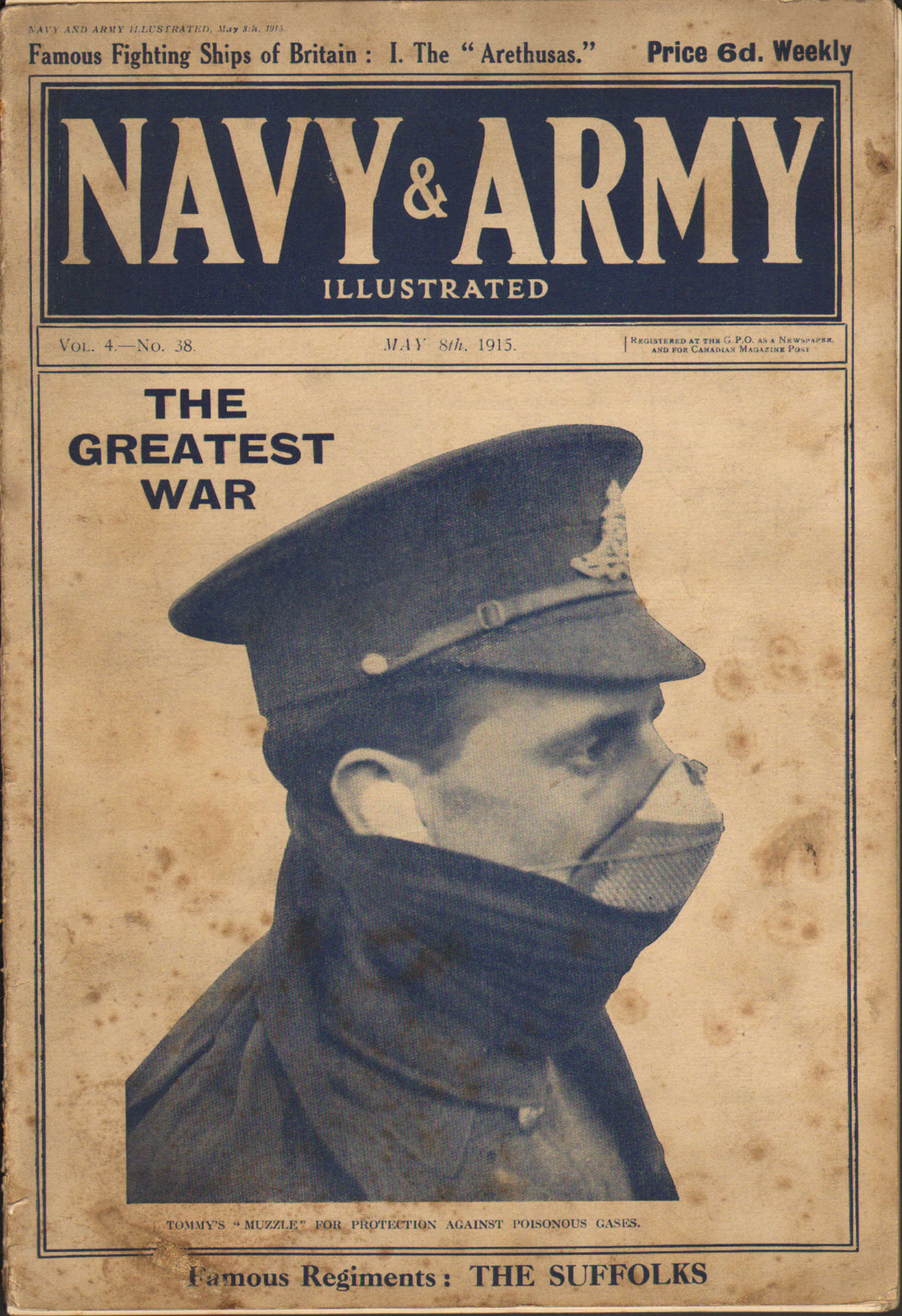 1915 WWI ~ BRITISH SOLDIER GAS MASK EAR PLUGS WEARING ~ MAGAZINE FRONT ...
