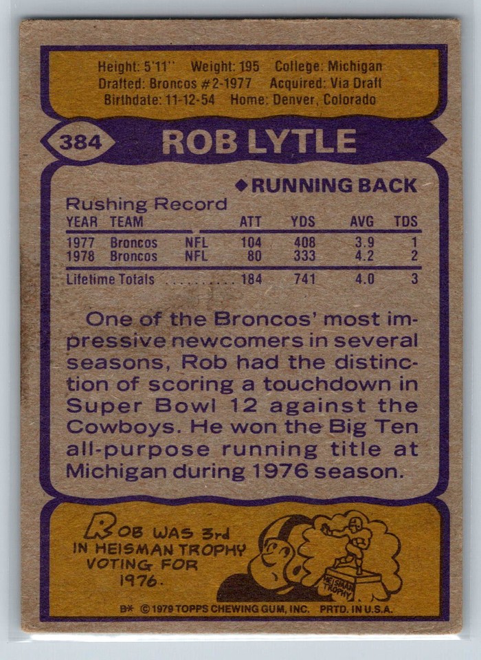 1979 Topps Rob Lytle Denver Broncos #384 | eBay