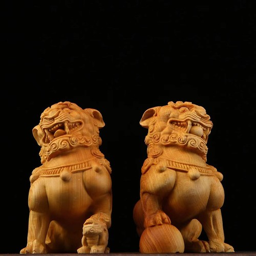 China Wood Carved Fengshui Animal Ball Pixiu Foo Fu Dog Lion Statue ...