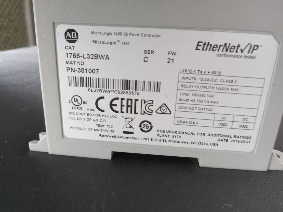 Allen-Bradley MicroLogix 1400 w/ Relay 1762-OW8 Series A Rev B Ethernet ...