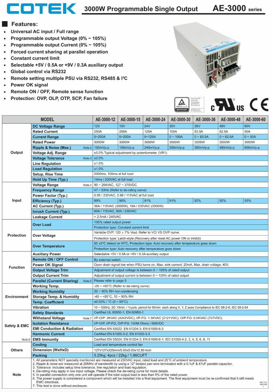 Cotek AE-3000-60 Switching Mode Power Supply 60VDC 3000W 50A ...