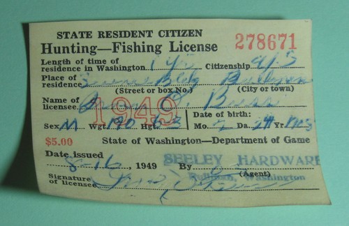 1949 Washington Dept of Game Hunting Fishing License...Free Shipping ...