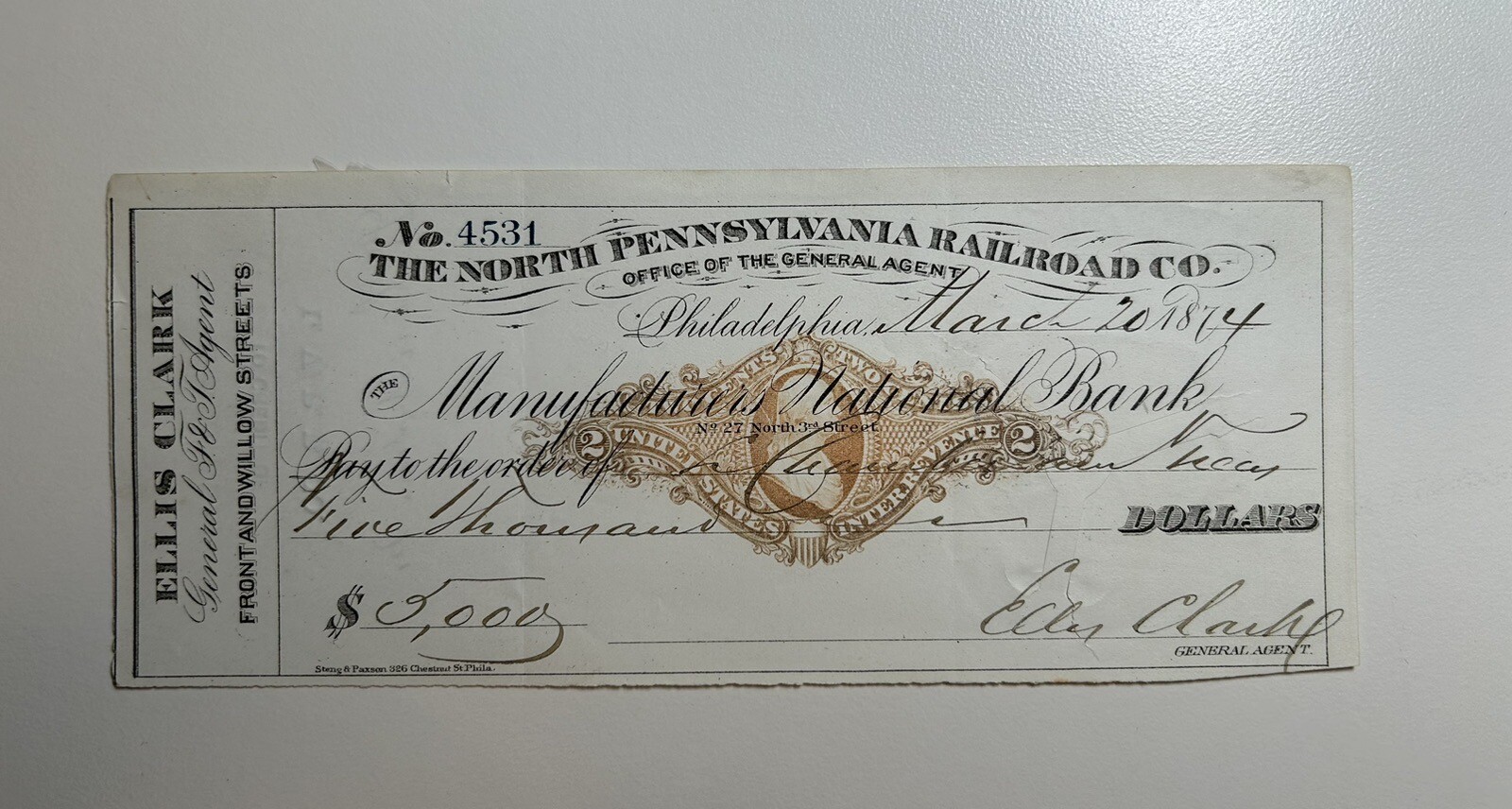 RN-J4 - Pennsylvania Railroad Co - Bank Check - Philadelphia PA - 1874 ...