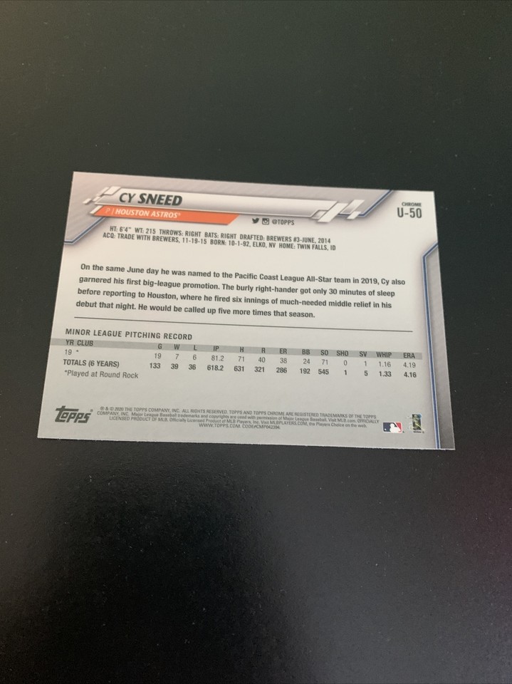 Cy Sneed 2020 Topps Chrome Update #U-50 Rookie Card RC Houston Astros ...