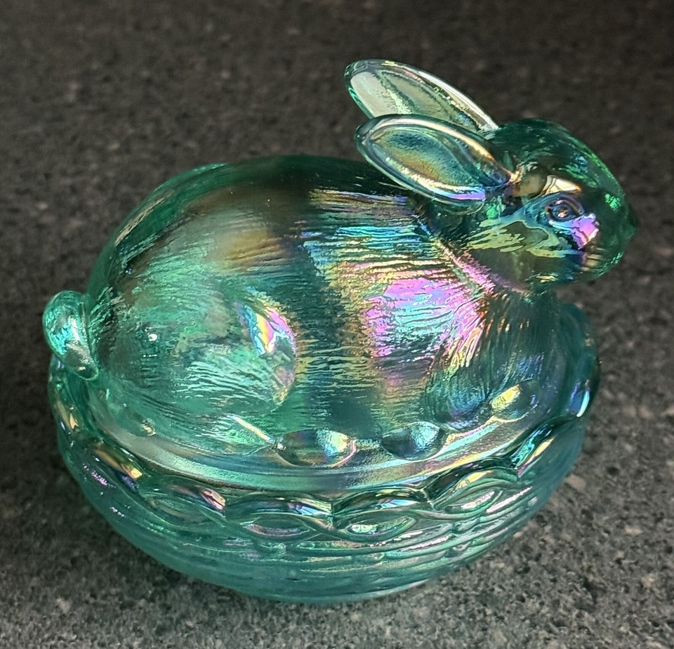Mosser Glass USA Bunny On Basket/Nest - TEAL CARNIVAL Easter Spring ...