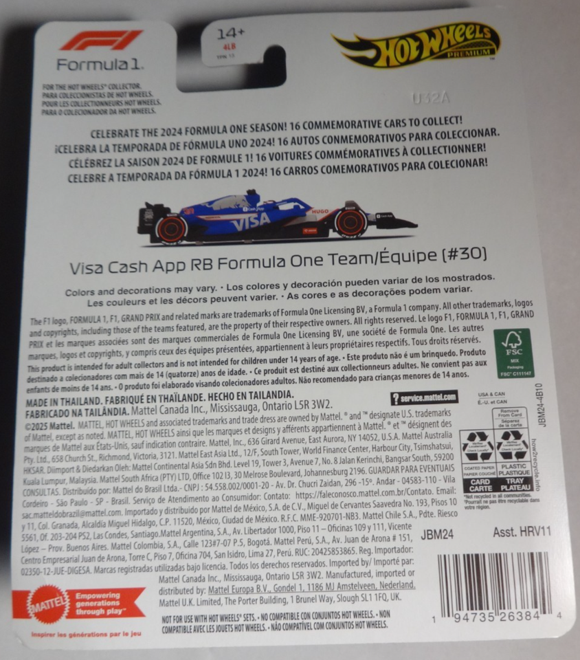 Visa Cash App RB Formula One Team (#30) Hot Wheels Premium 2024 Formula ...