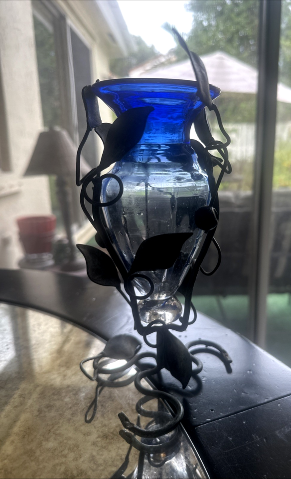 Venetian Glass Blue Vase in Cherrie Metal Stand ca 1920s | eBay