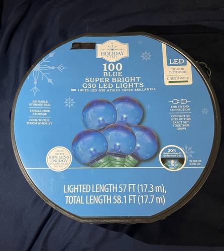 Holiday Time 100 Count Blue Super Bright G30 LED Christmas Lights 58.1 ...
