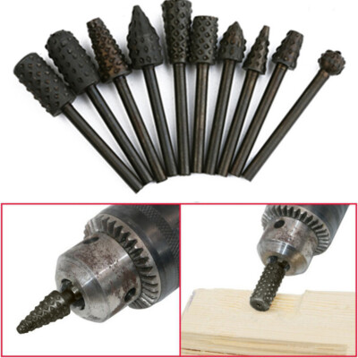 10 Pcs Black Steel Rotary Burr Set Shank Wood Rasp Drill Bits Bore Die ...