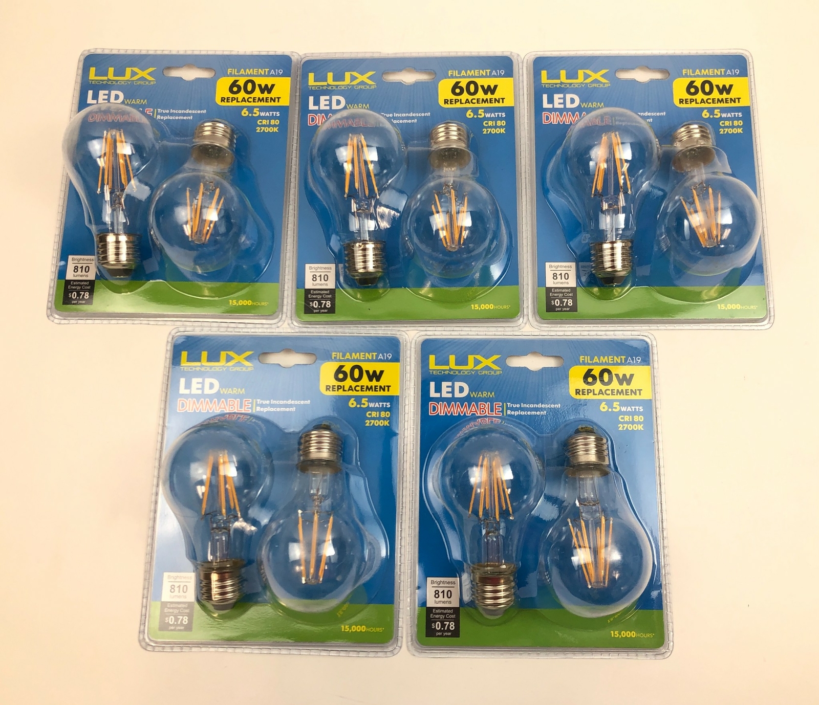 LUX LED A19 Filament LED Bulb Dimmable 60 Watt 2-Pack Each Lot of 5 | eBay