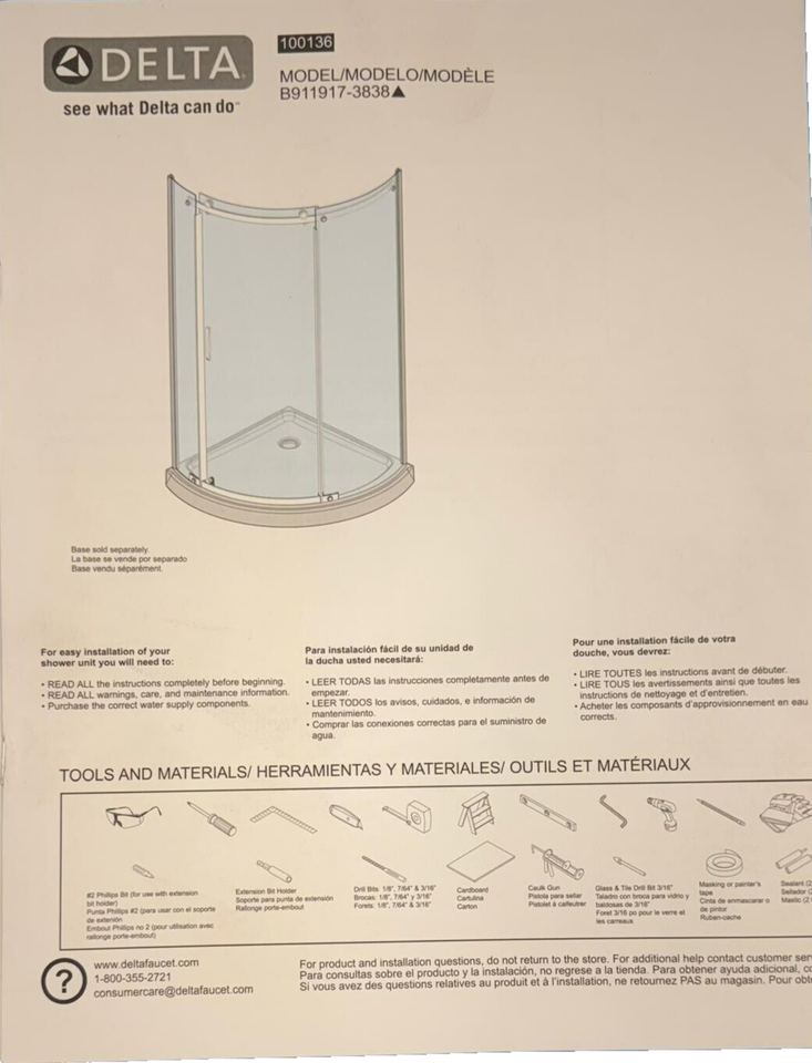 Delta 38 x 72" Sliding Frameless Corner Shower Enclosure in Chrome ...