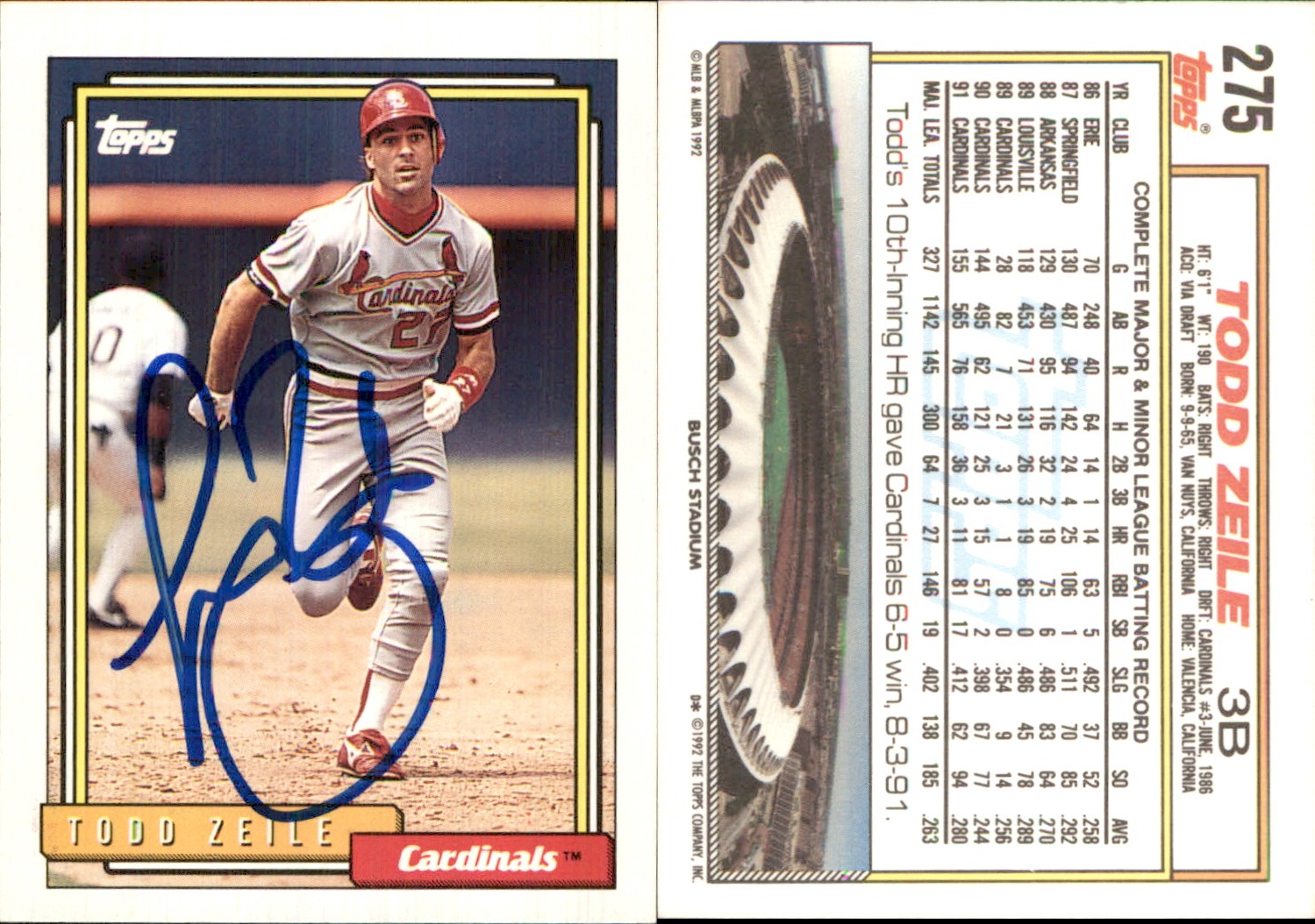 Todd Zeile Signed 1992 Topps #275 Card St. Louis Cardinals Auto AU ...