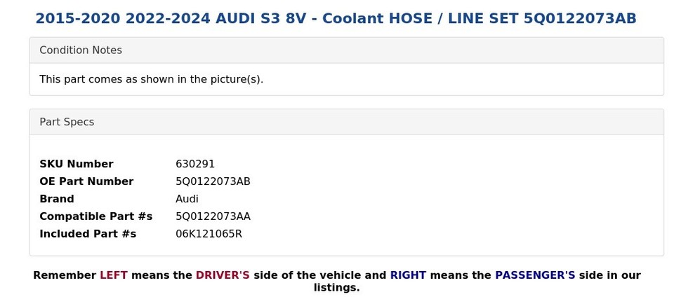 2015-2020 2022-2024 AUDI S3 8V - Coolant HOSE / LINE SET 5Q0122073AB | eBay