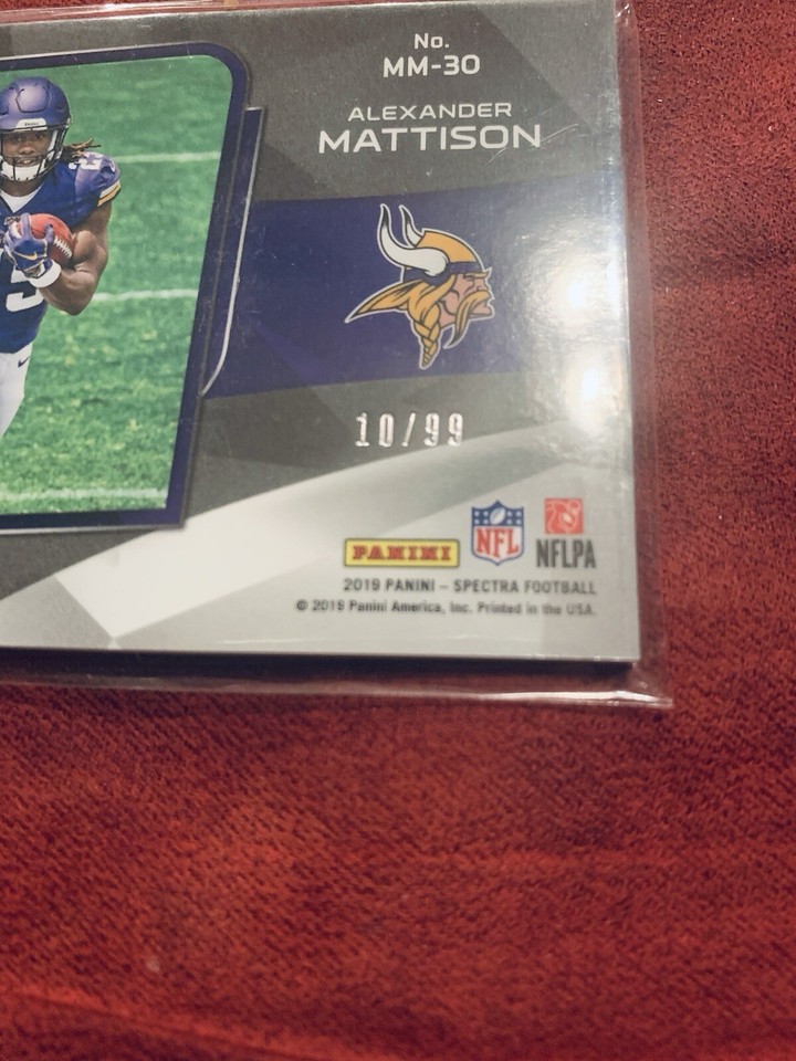 Alexander Mattison 2019 Spectra Monumental Blue Rookie Patch Vikings 10 ...