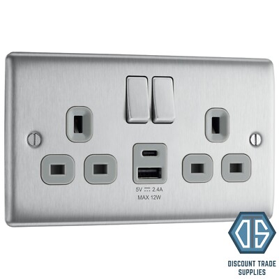 BG NBS22UAC12G Brushed Steel Double Socket with USB 12W Type A & Type C ...