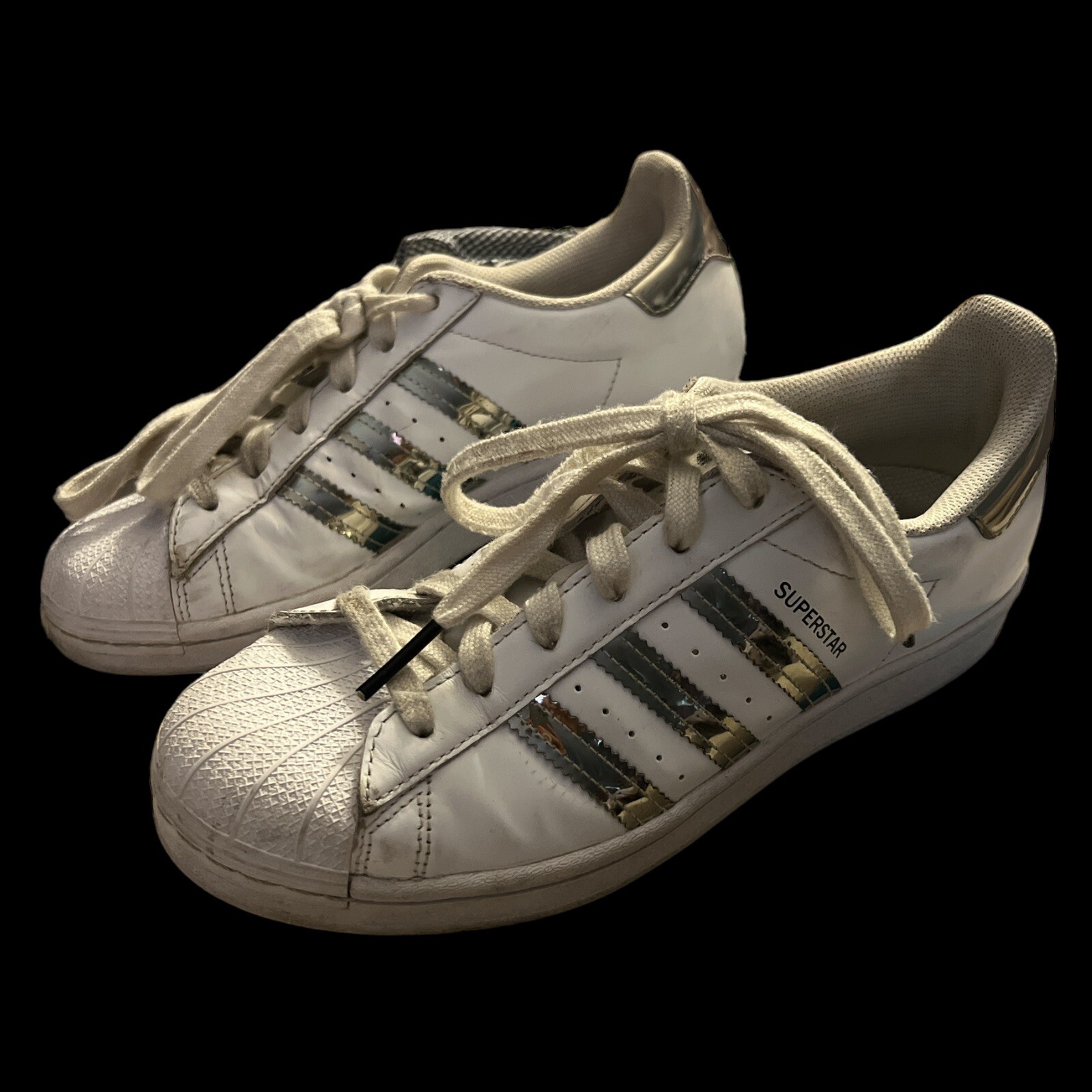 Adidas Womens PYV 702001 White & Silver Striped Superstar Sneakers Size ...