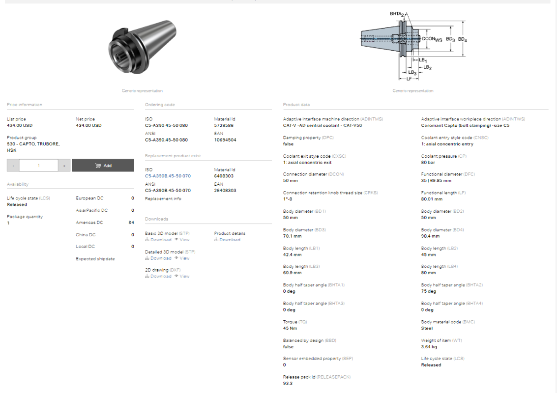 Sandvik CAT50 Capto C5 Tool Holder C5-A390.45-50 080 5728586 (LOC2914A ...