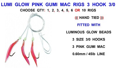 LUMI GLOW PINK GUMI MAC RIG 3 HOOK 3/0 SEA FISHING LURES COD MACKEREL ...