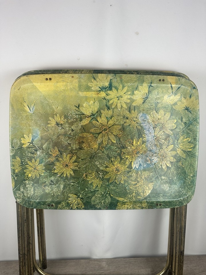 Lot 4 Vintage MCM Floral Daisy Green Retro Metal TV Tray Tables Folding ...