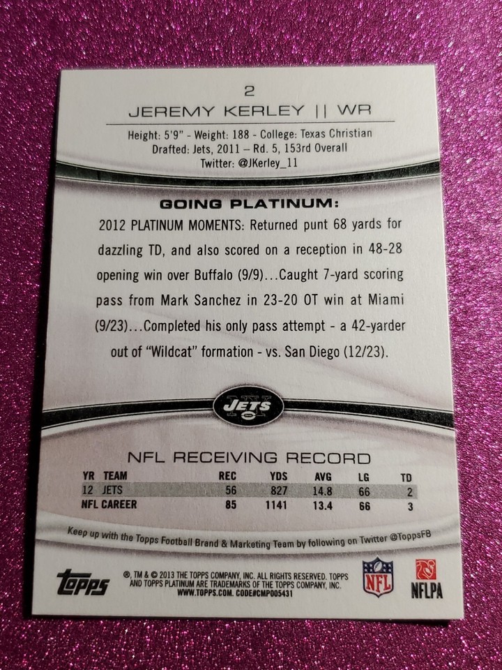 2013 Topps Platinum Football Card #2 Jeremy Kerley New York Jets | eBay