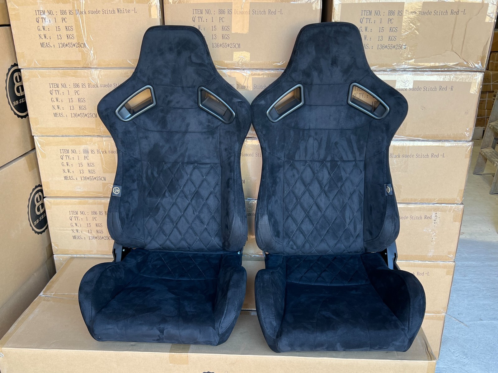 Pair BB6 RS Black Suede Alcantara Diamond Stitch Reclining Bucket ...