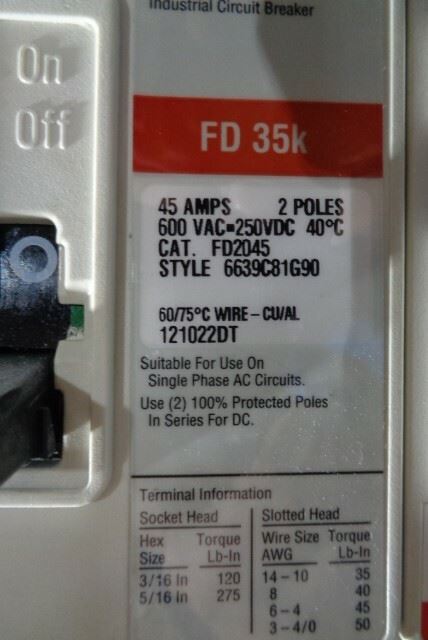Eaton FD35K 2 Pole Industrial Circuit Breaker, 45 Amps, 600 VAC- 250 ...