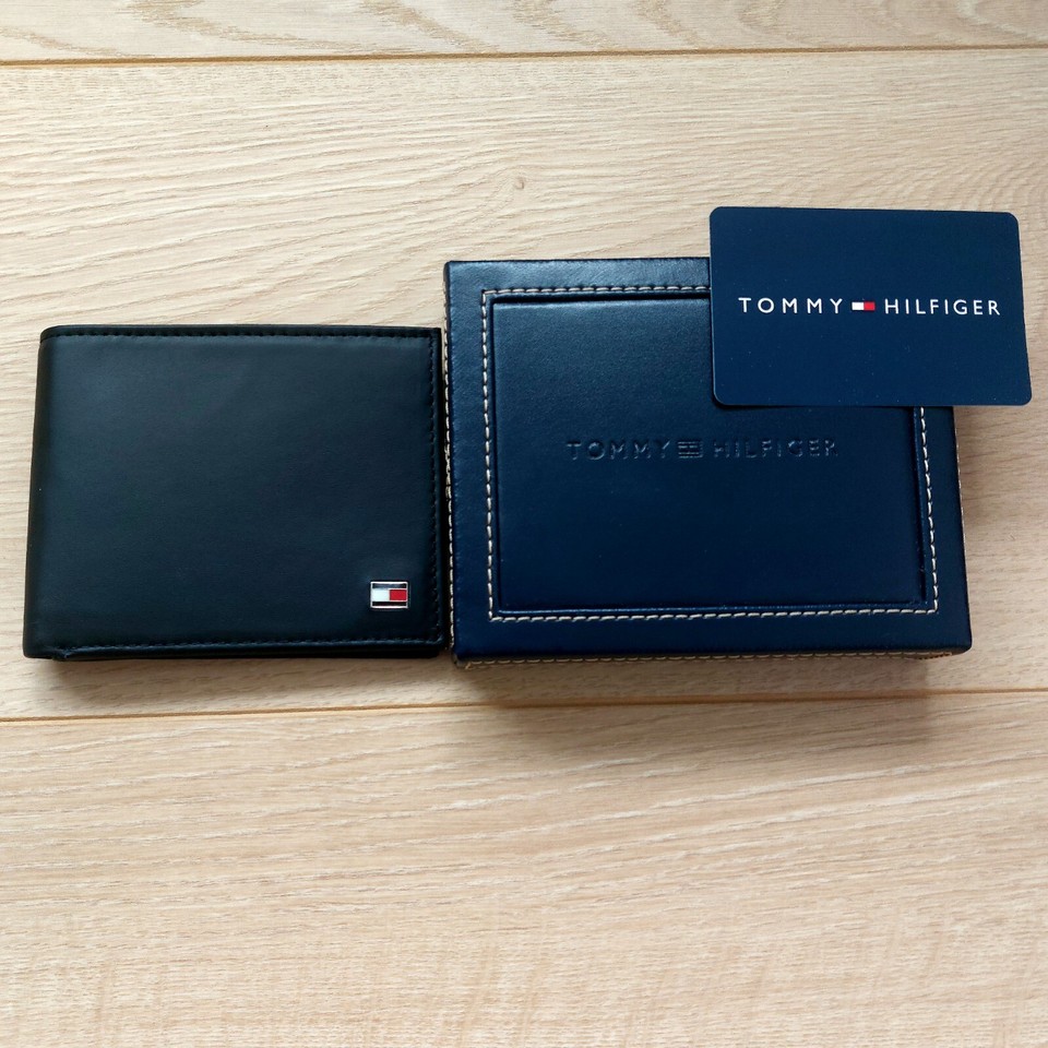 Tommy Hilfiger Black Leather Wallet Mens Oxford Gift Box Credit Card ...