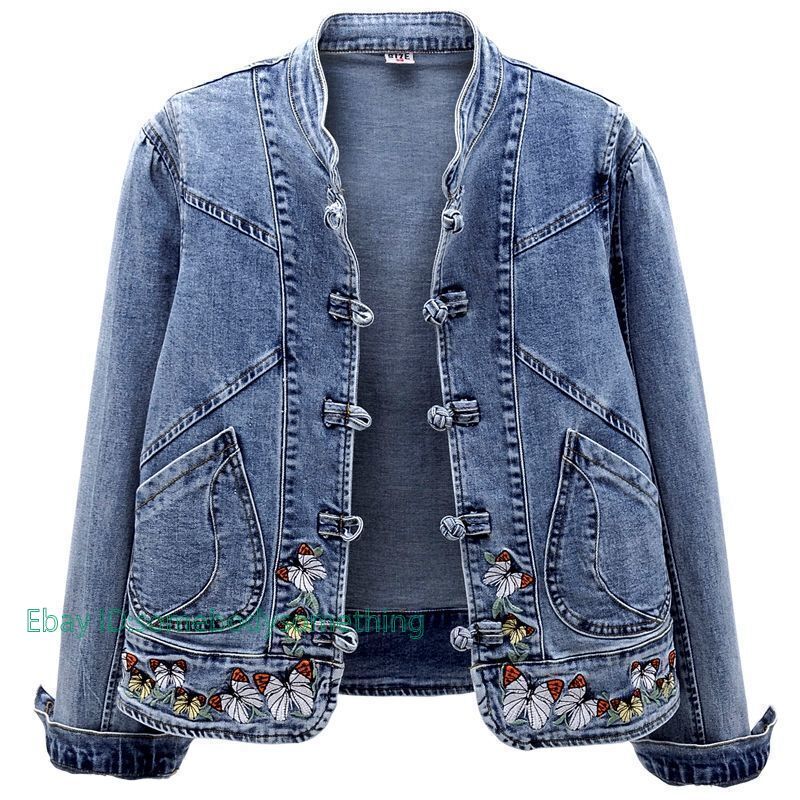 Spring Denim Jacket Women Retro Chinese Embroidered Stretch Jacket ...
